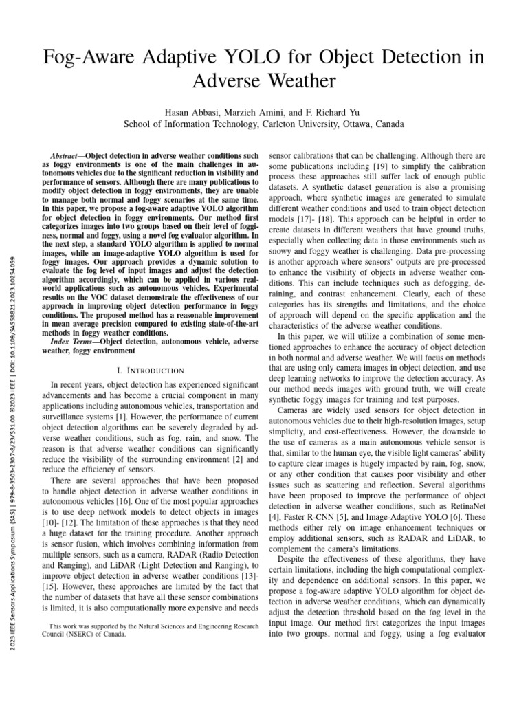 Fog Aware Adaptive Yolo For Object Detection In Adverse Weather Pdf