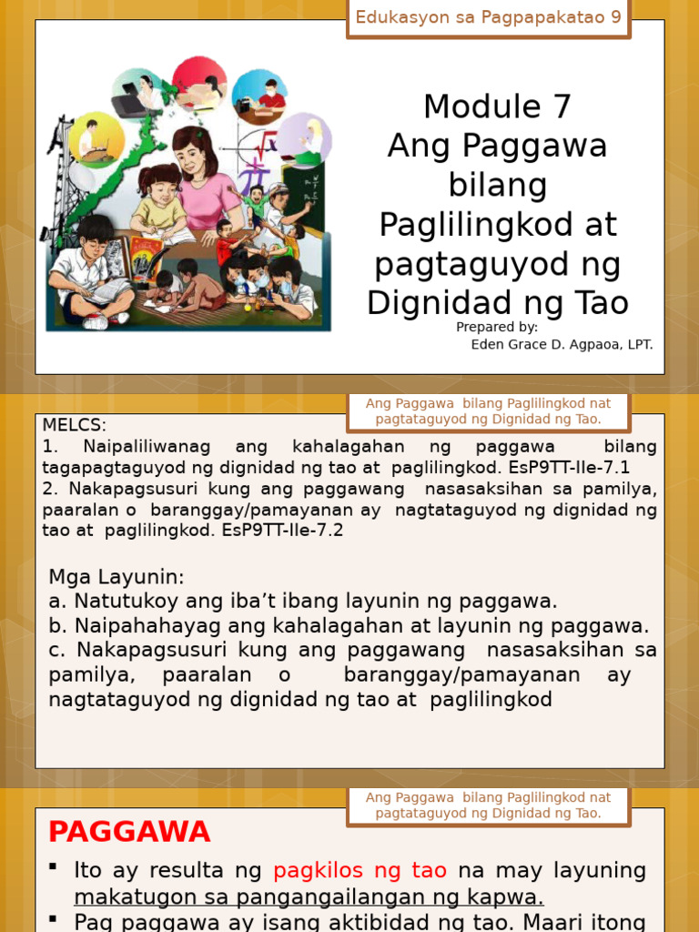 Aralin 7 Ang Paggawa Bilang Pagtaguyod Sa Dignidad Ng Tao | PDF