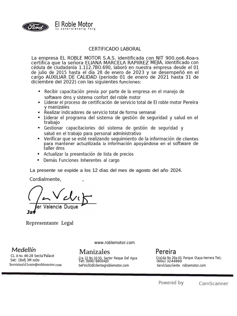 certificado laboral Eliana Marcela Ramírez | PDF | Auditoría | Business