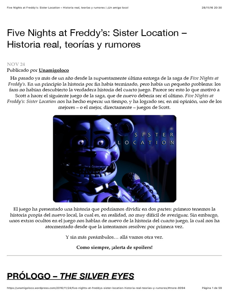 Five Nights at Freddys Sister Location Historia Real Teorías y Rumores Un Amigo Loco 1 | PDF