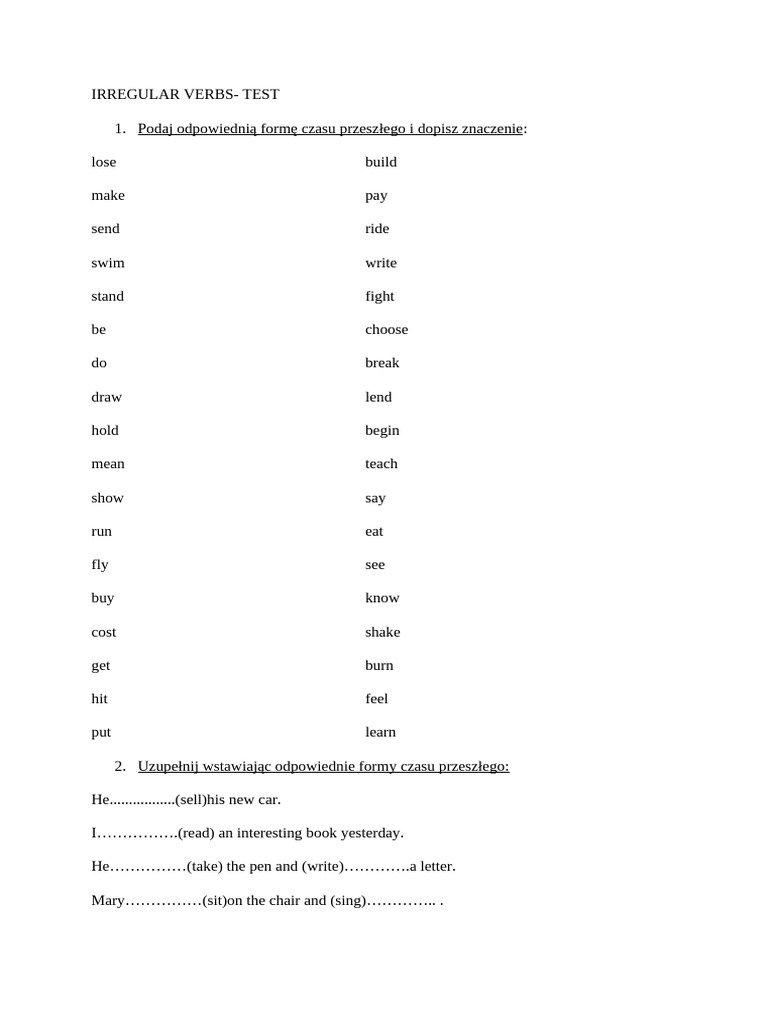 IRREGULAR VERBS test | PDF