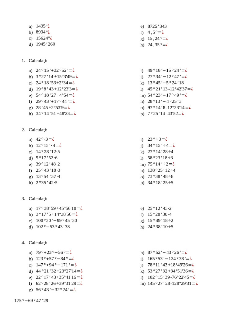 Fisa de Lucru Calcule Cu Masuri de Unghiuri | PDF