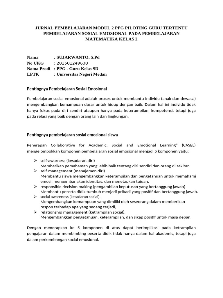 Jurnal Pembelajaran Modul 2 PPG Piloting Guru Tertentu Pembelajaran Sosial Emosional Pada ...