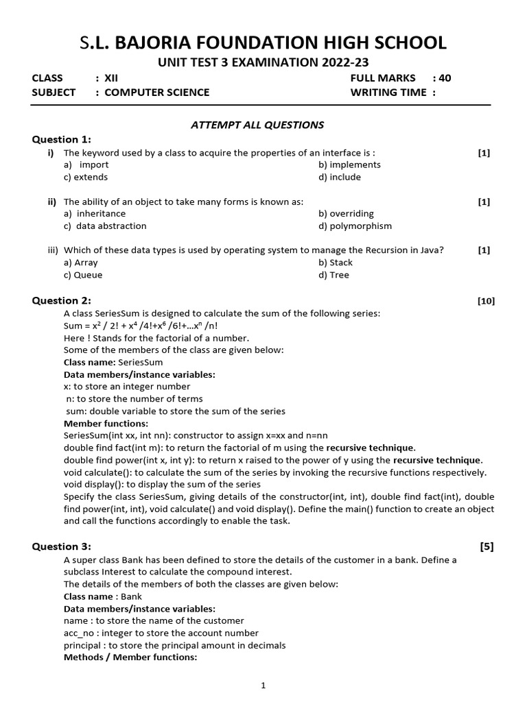 XII computer ut paper bajoria school | PDF | Method (Computer Programming) | Inheritance (Object ...