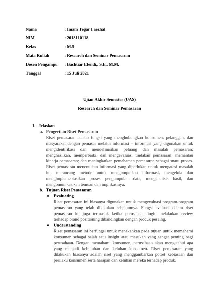 Imam Tegar Faezhal - 2018110118 - UAS - Research Dan Seminar Pemasaran | PDF
