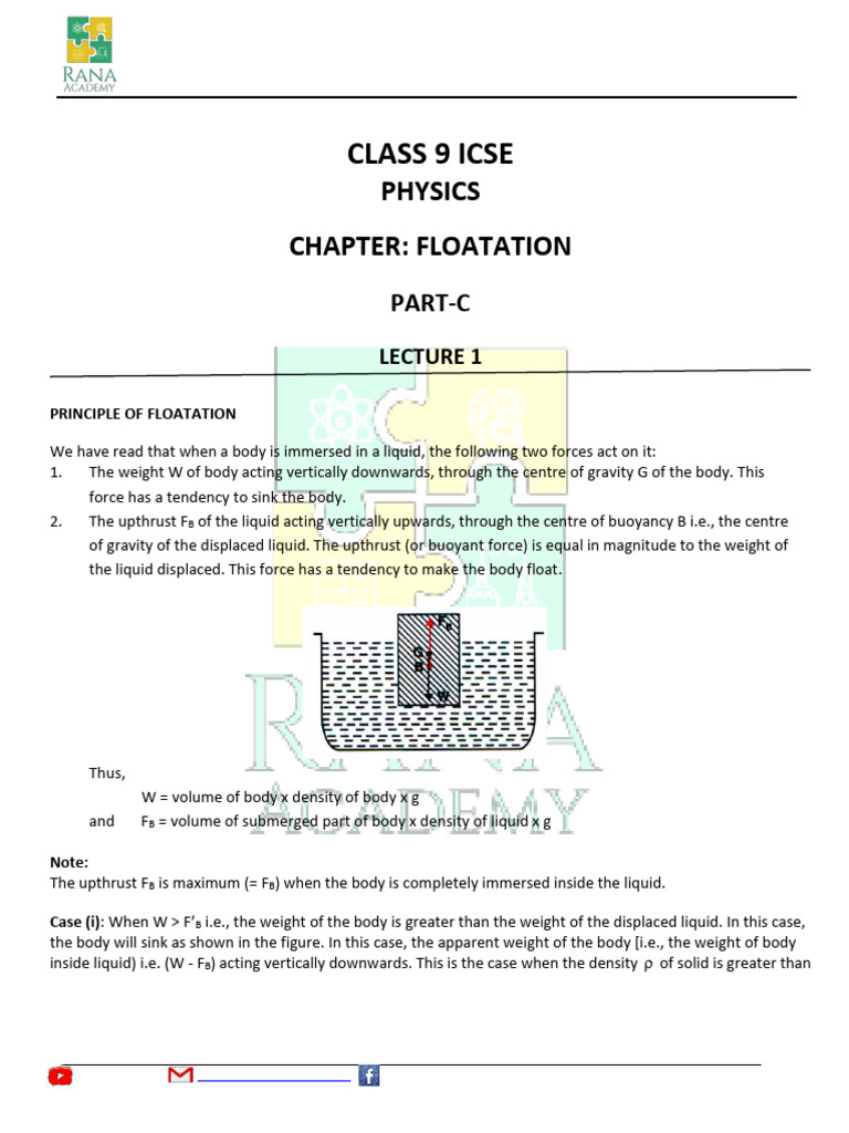 Class 9 Icse - Upthrust in Fluids, Archimedes Principle and Floatation-Part C - Floatation ...