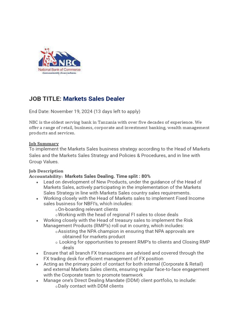 Markets Sales Dealer Job Opportunity | PDF | Banks | Interest