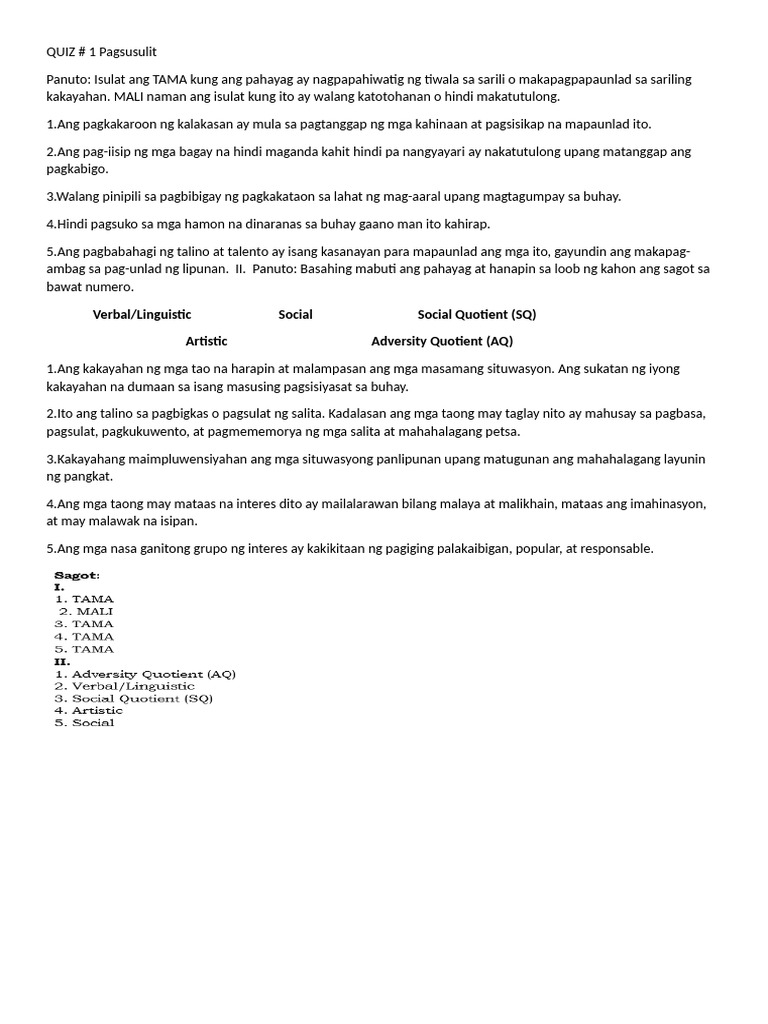 Q3-Aralin - 1 Quiz 1 | PDF