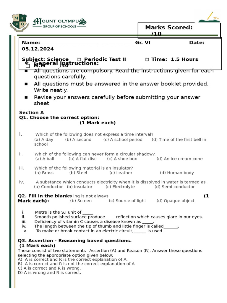 Grade VI Science Periodic Test II Guide | PDF | Electricity ...