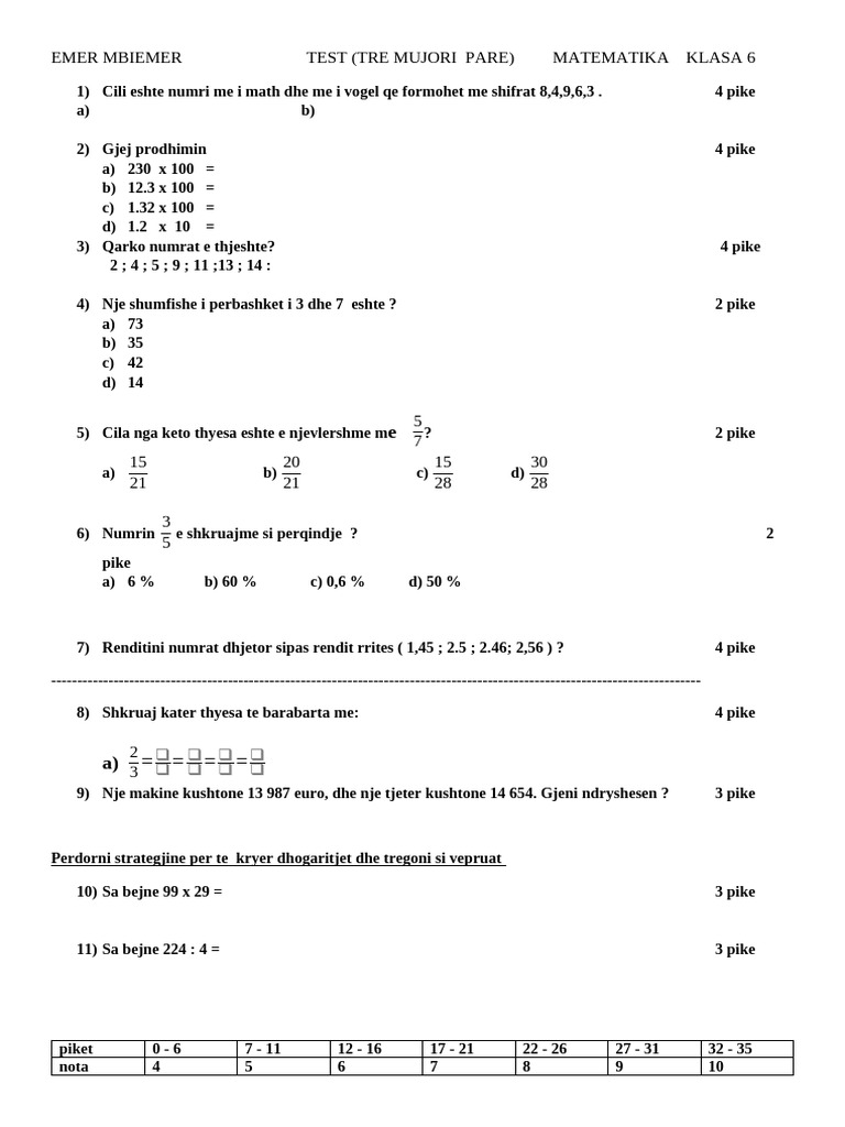 Teste I MATEMATIKES Klasa 6 | PDF