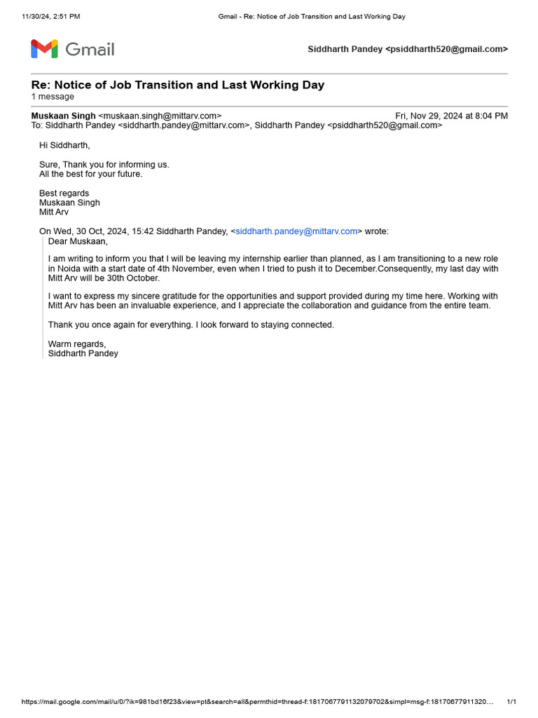 Gmail - Re_ Notice of Job Transition and Last Working Day | PDF