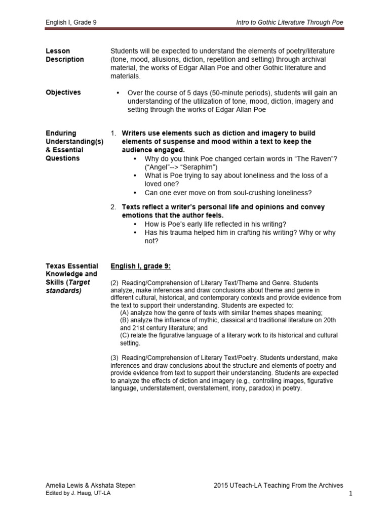 Microsoft Word - Intro To Gothic Lit Through Poe | PDF | The Raven ...