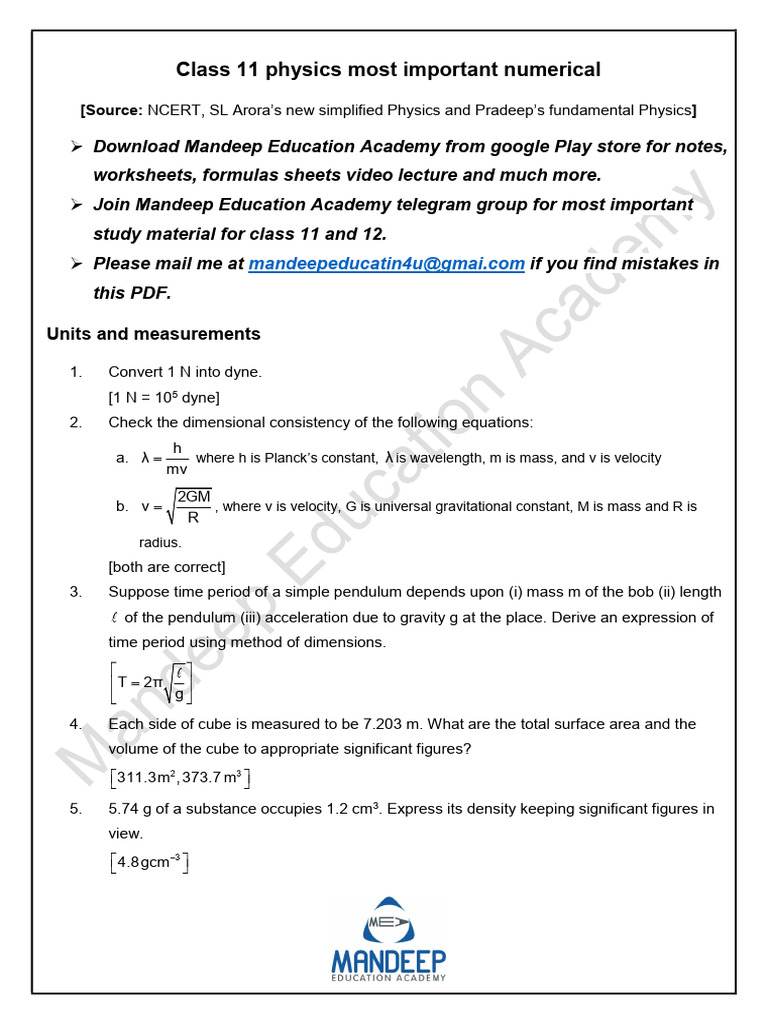 Class 11 Physics Most Important Numericals Part 1 | PDF | Force | Euclidean Vector