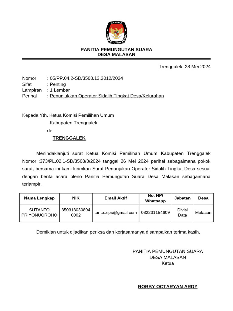 Penunjukkan Operator Sidalih Tingkat Desa | PDF