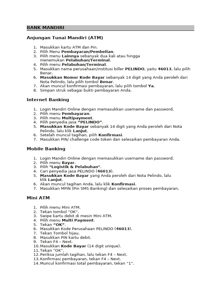 MTI Metode Pembayaran MANDIRI BNI Via Pelindo Pay | PDF