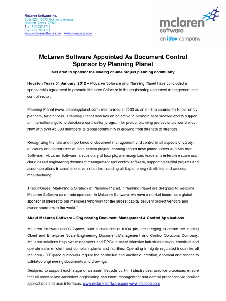 Mclaren Software Appointed As Document Control Sponsor By Planning ...