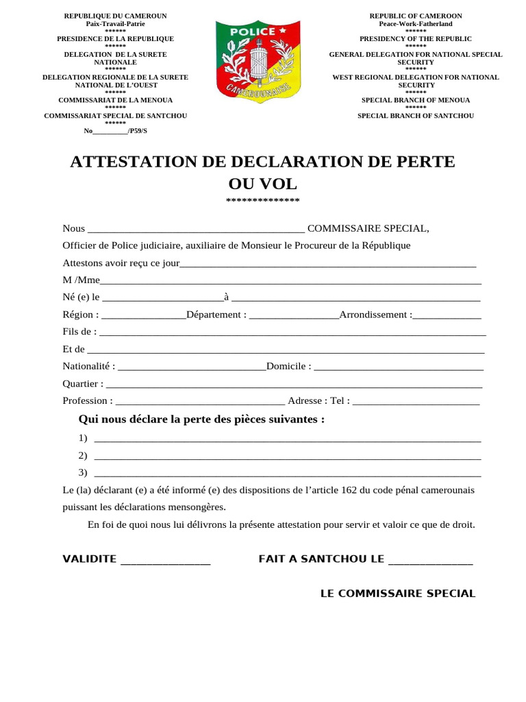 Attestation de Déclaration de Perte | PDF | Services d'urgence ...