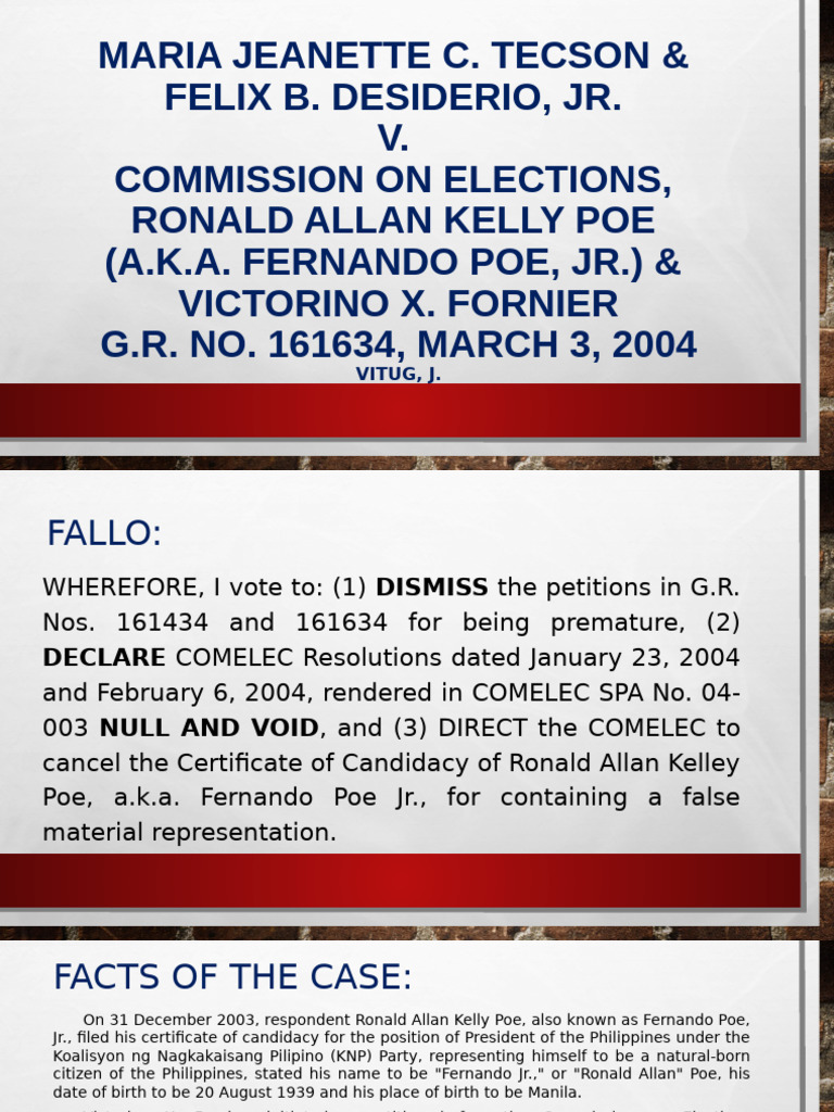 CONFLICT TECSON AND DESIDERIO v. COMELEC AND FPJ GR161434 | PDF | Public Law | Government