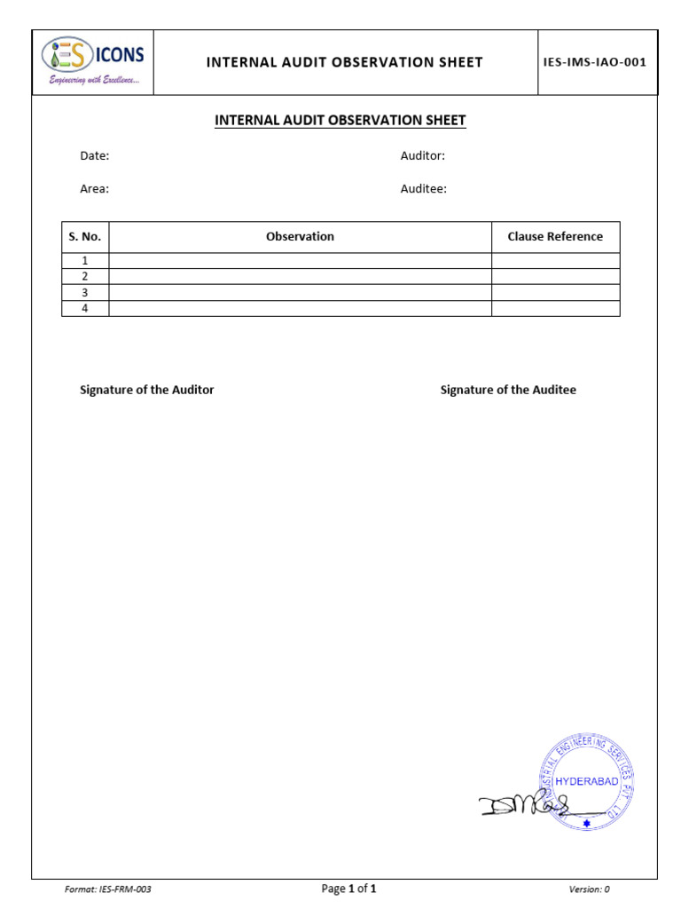 Ies Ims Iao 001 Audit Observation Sheet Pdf