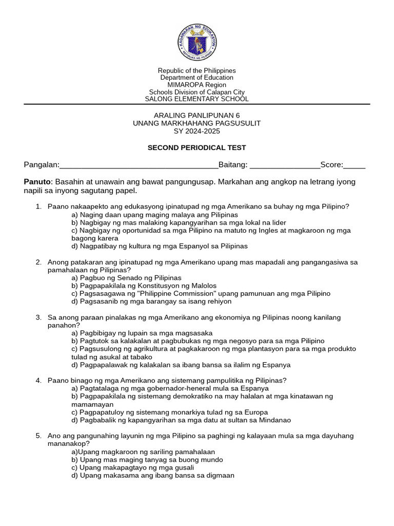 Q2 G6 Exam Arpan | PDF