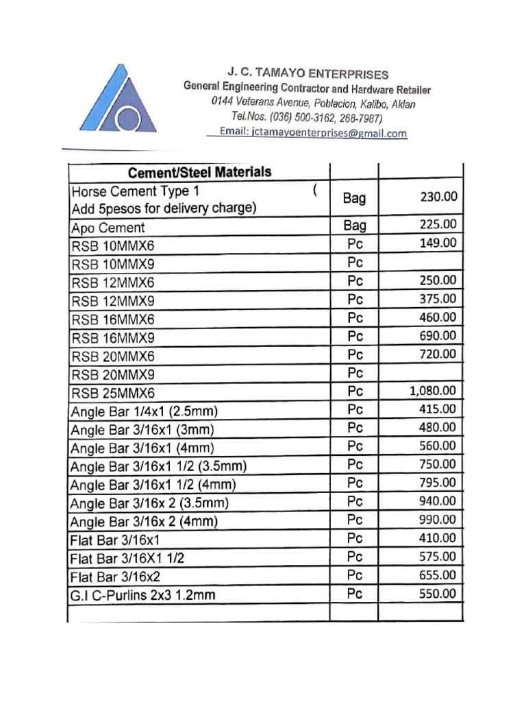 Price Listof MATERIALS | PDF