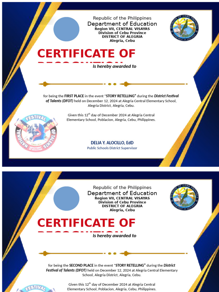 Certificate of Recognition For The Winner and Coach Dfot 2024 | PDF ...