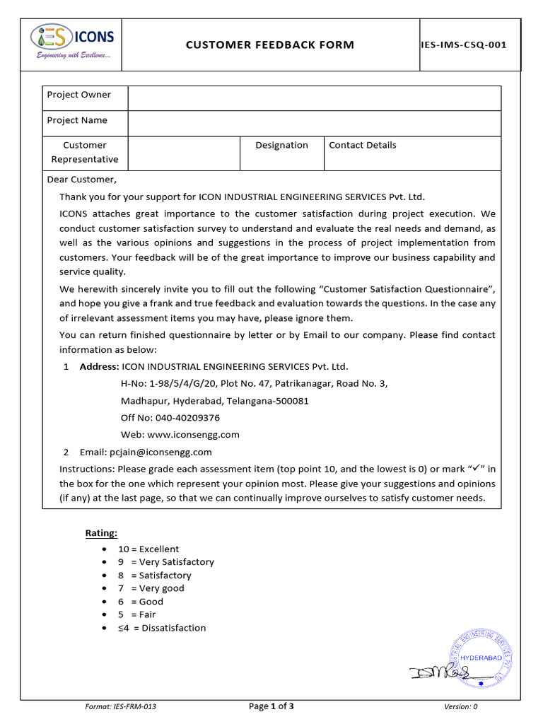 IES-IMS-CSQ-001 - Customer Feedback Form | PDF | Customer Satisfaction ...