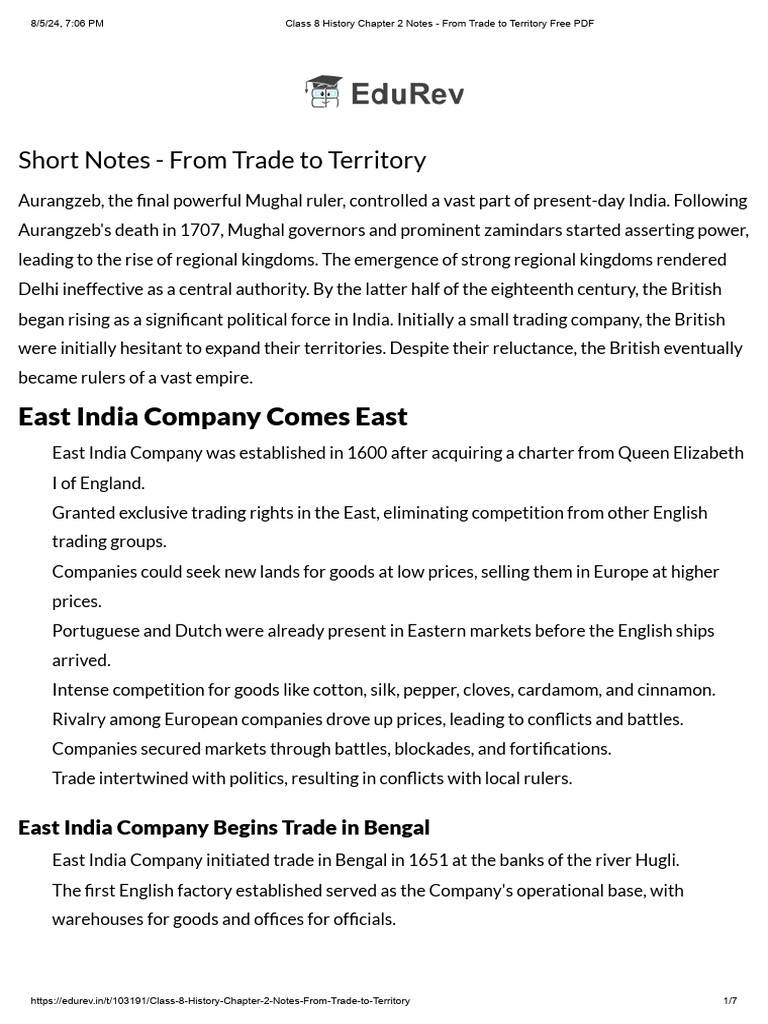 Class 8 History Chapter 2 Notes - From Trade To Territory Free PDF | PDF