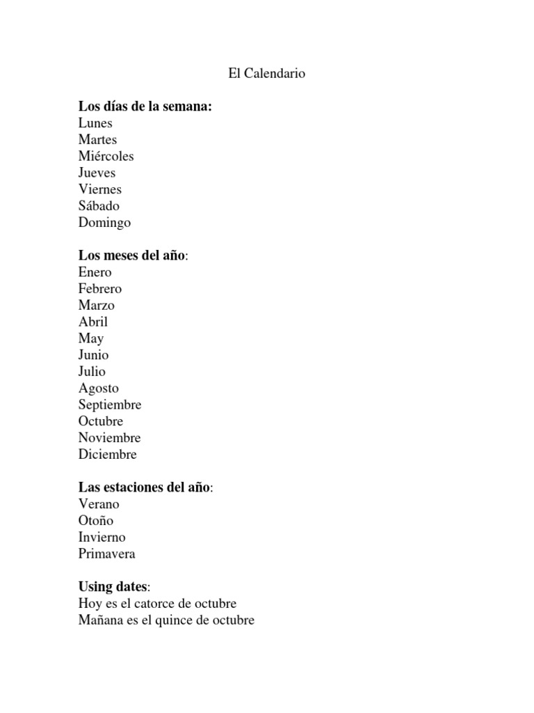Calendario en Español: Días, Meses y Fechas Clave | PDF