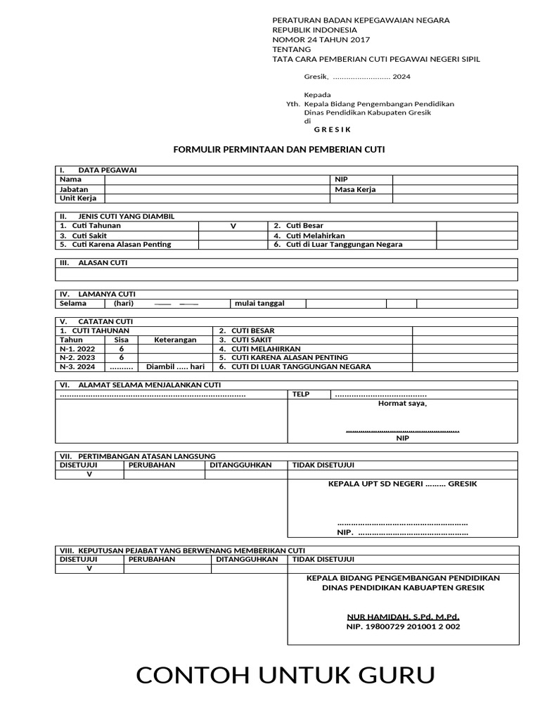 Formulir Contoh Cuti Tahunan 2024 | PDF
