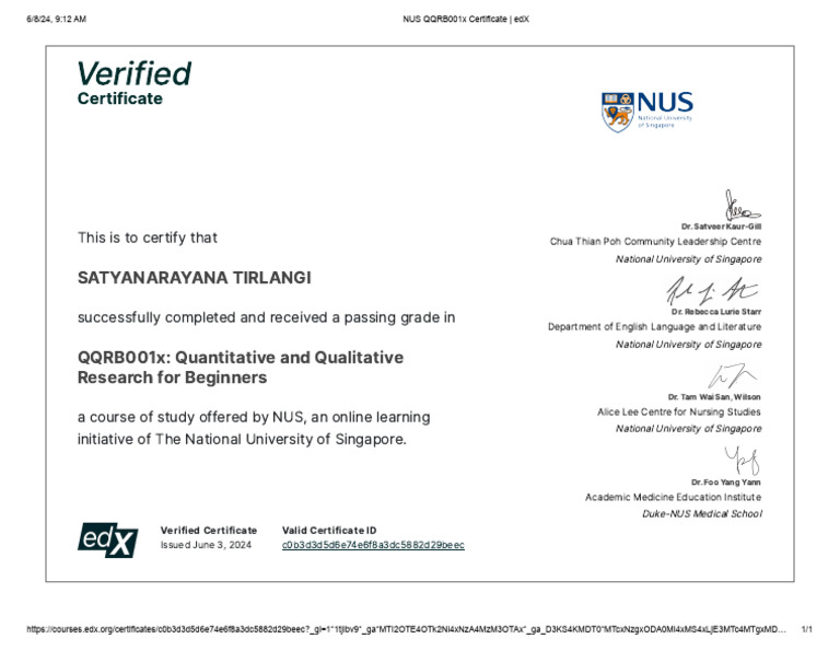 NUS QQRB001x Certificate - EdX | PDF | Health Care | Medical Education