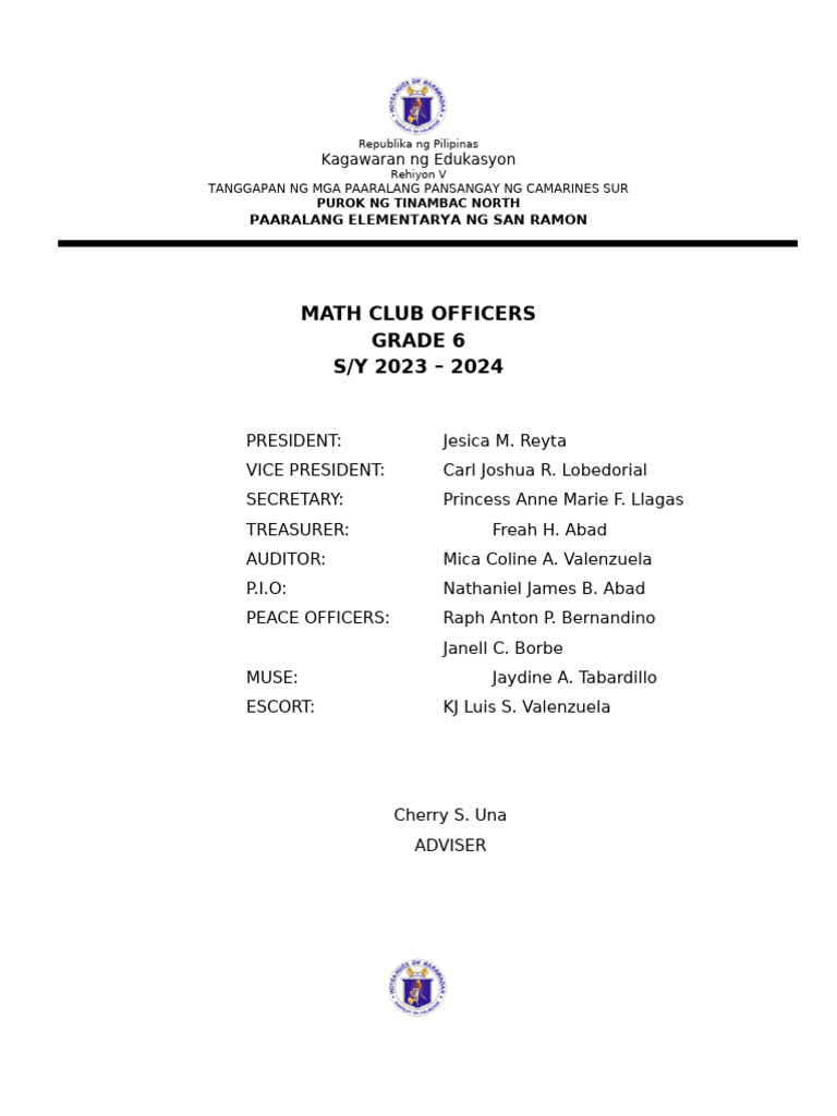 Grade 6 Club Officers 2023-2024 | PDF