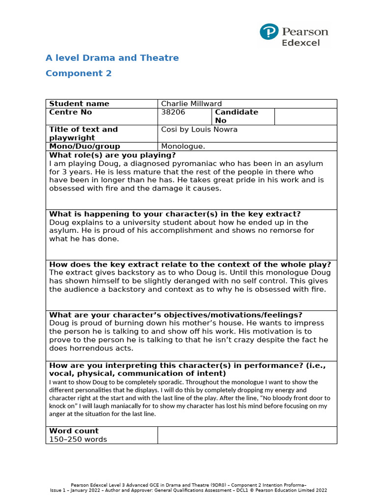 Millward_Charlie Statement of Intention - Monologue Copy | PDF
