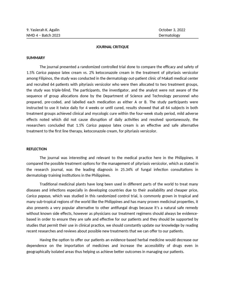 Journal Critique | PDF | Therapy | Randomized Controlled Trial
