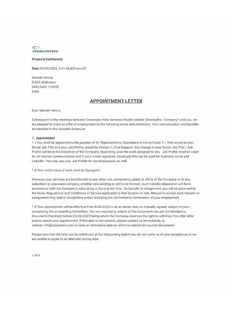 Concentrix Appointment Letter | PDF