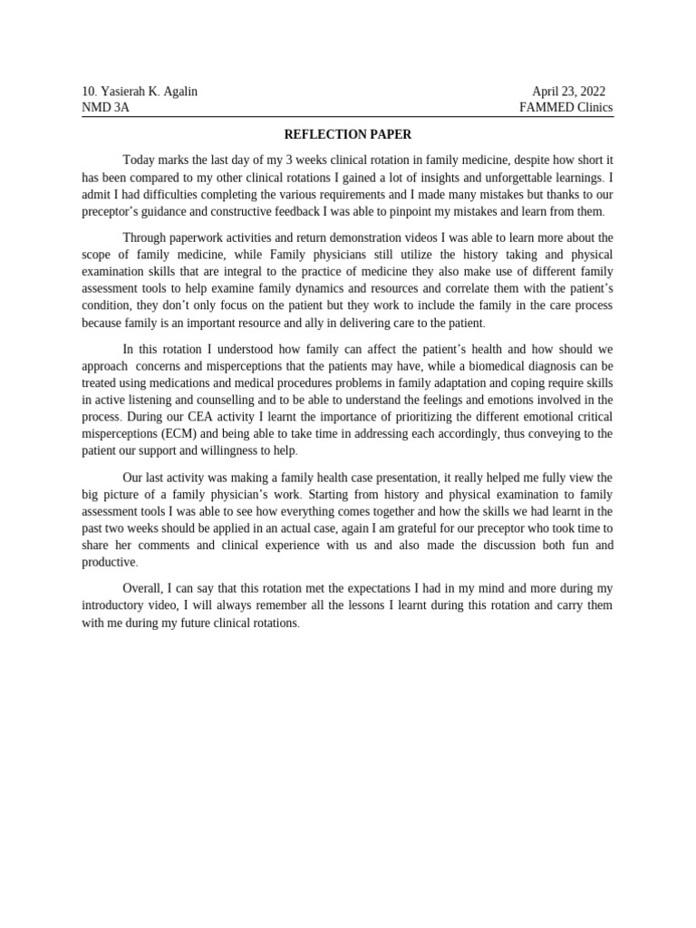 FAMMED reflection paper | PDF | Medicine | Family Medicine
