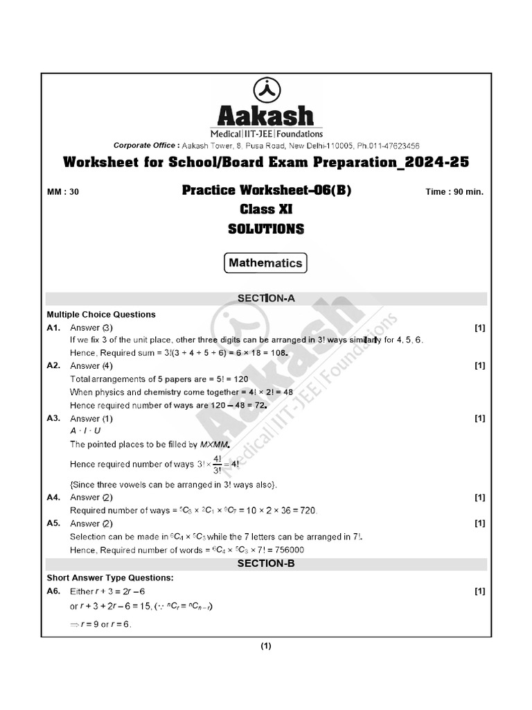Practice WS 06 B Mathematics XIth Permutations Combinations Sol | PDF