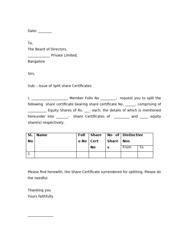 Request for Split Share Certificates | PDF