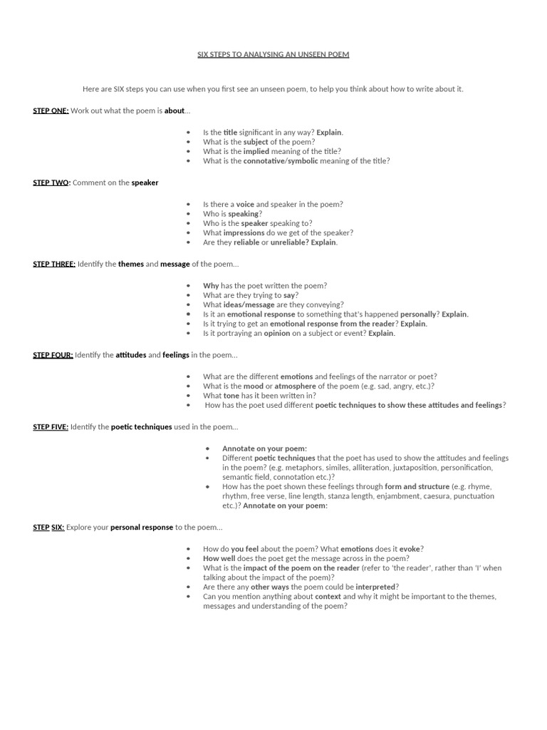 1- comprehensive 6 steps to analysing an unseen | PDF | Poetry