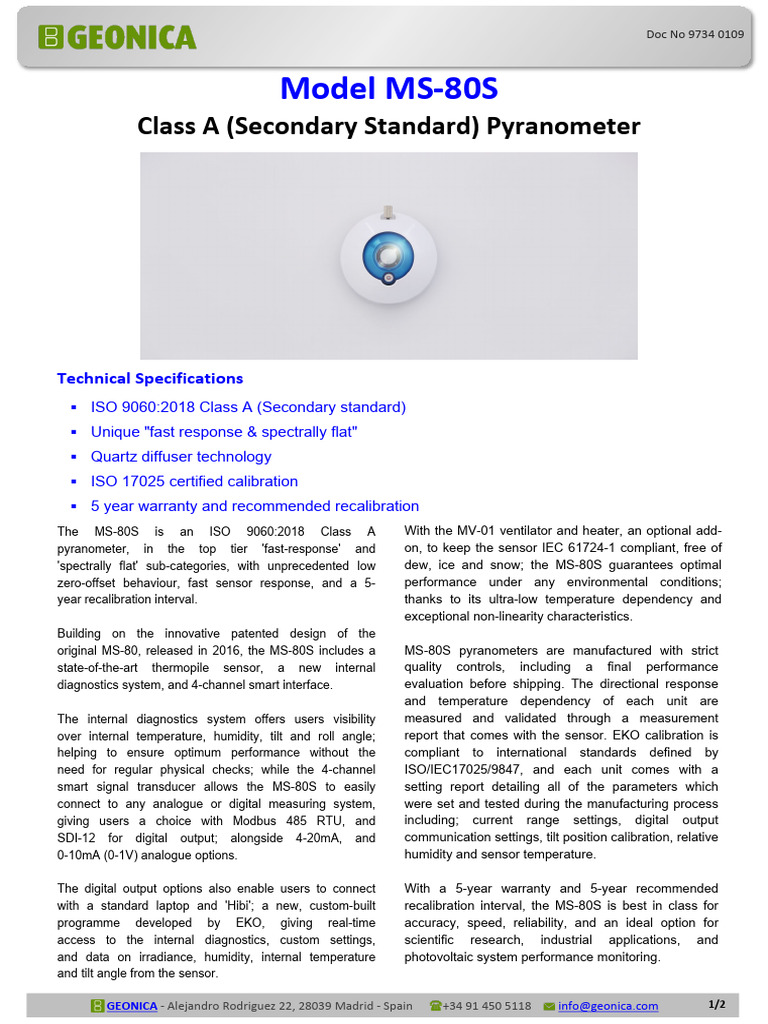 EKO MS-80S Class A Pyranometer | PDF | Metrology | Equipment
