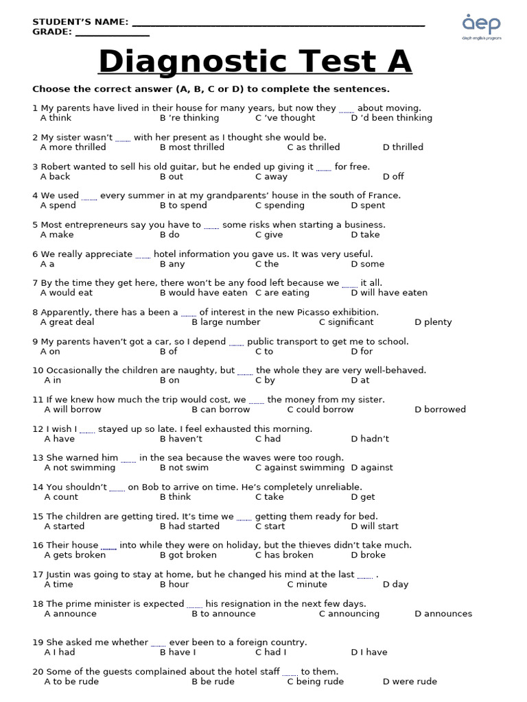 Diagnostic Test A: English Grammar Quiz | PDF