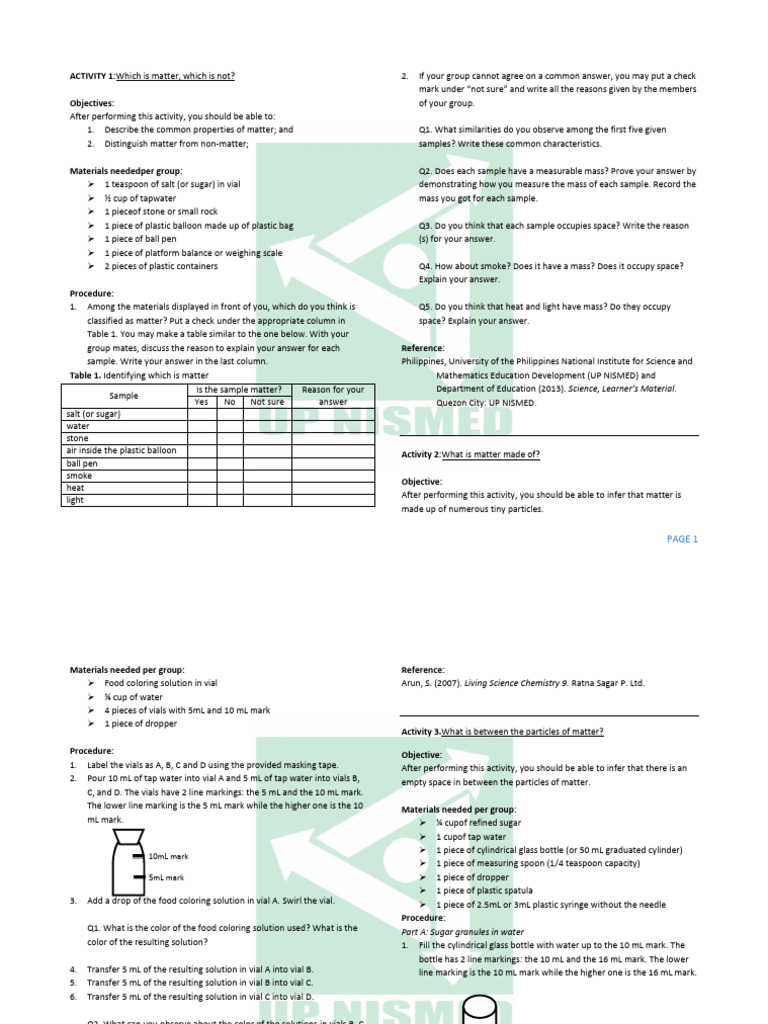 HANDOUT Particle Nature of Matter | PDF | Syringe | Mass