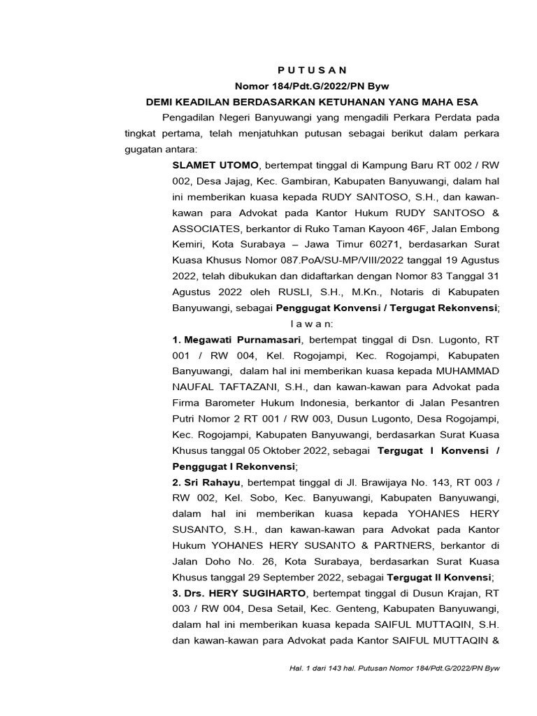 Salinan Putusan 184 PDT G 2022 PN Byw | PDF