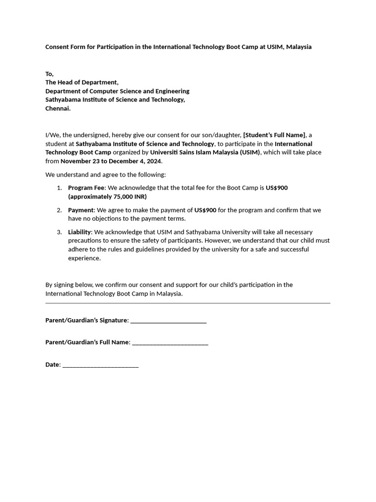 Consent Form For Participation in The International Technology Boot ...