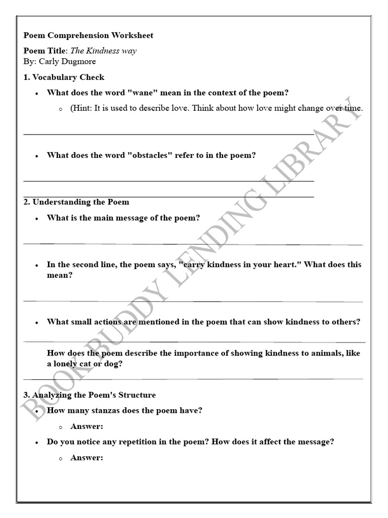 Kindness Poem Comprehension for Grade 4 | PDF | Poetry