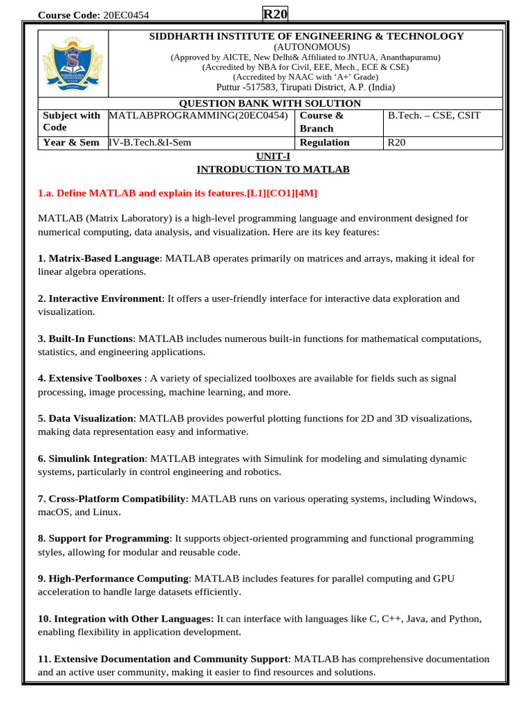 Qb Solution Unit-1 With Anwers | PDF | Matlab | Simulation