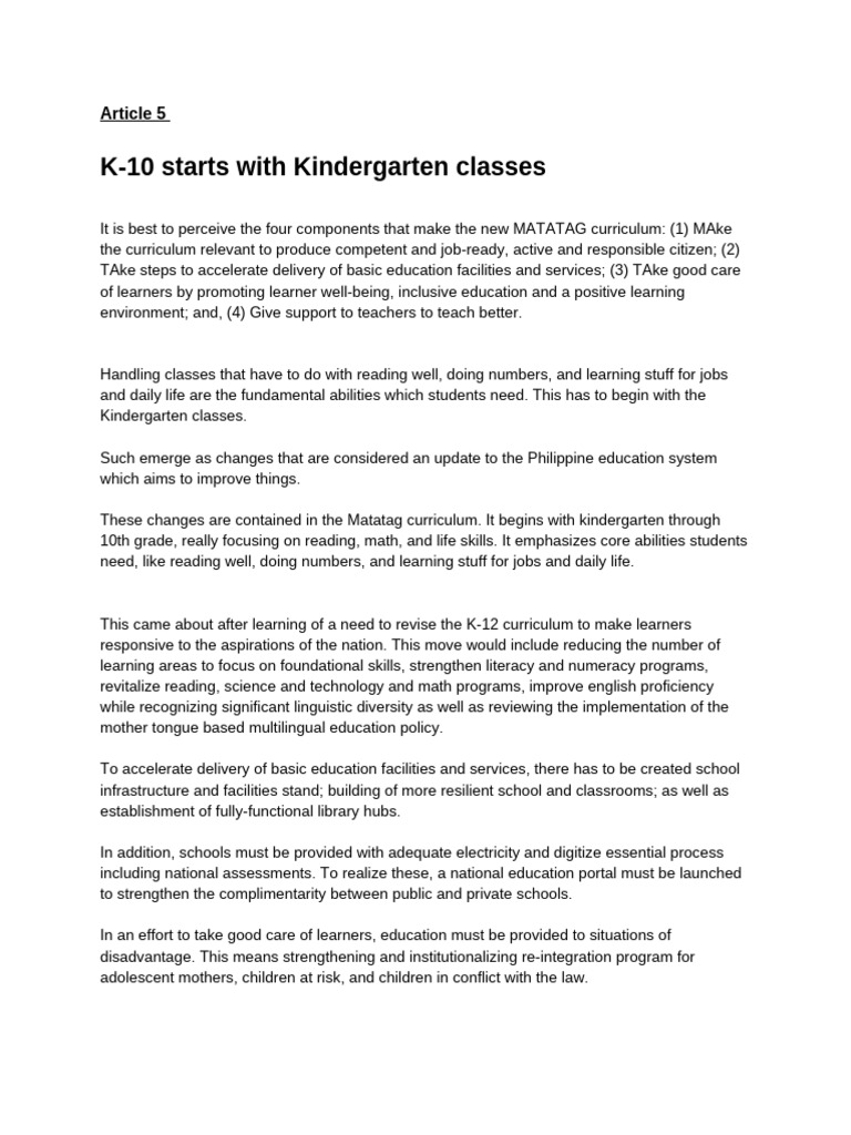 Matatag 5 K-10 Starts With Kindergarten Classes | PDF | Inclusion ...