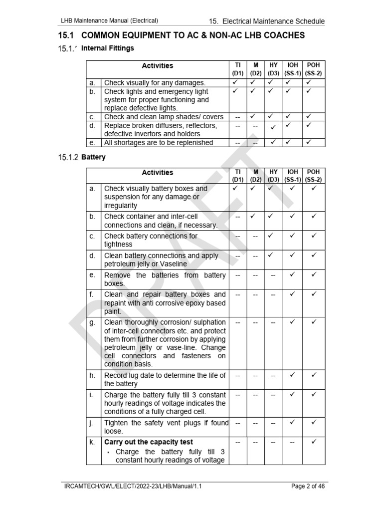 LHB Electrical Maintenance Schedule | PDF | Battery Charger ...