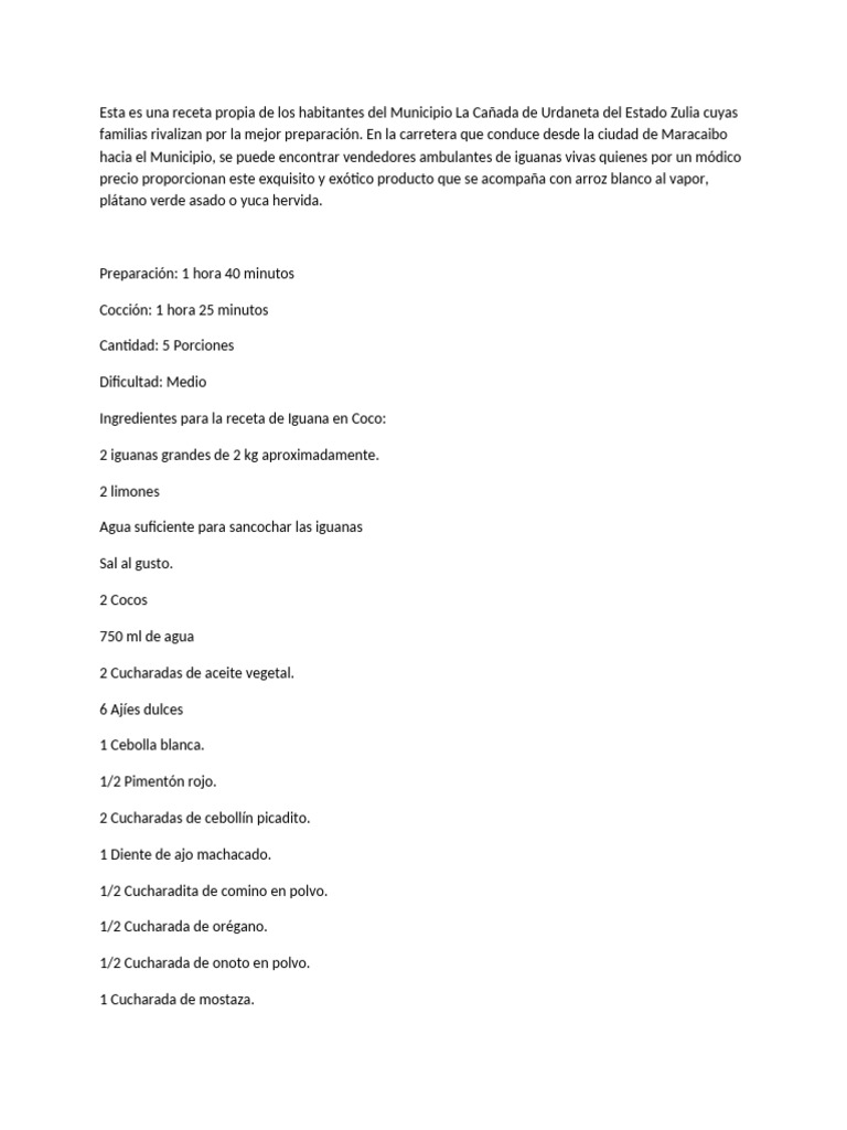 Iguana en Coco: Receta Venezolana | PDF
