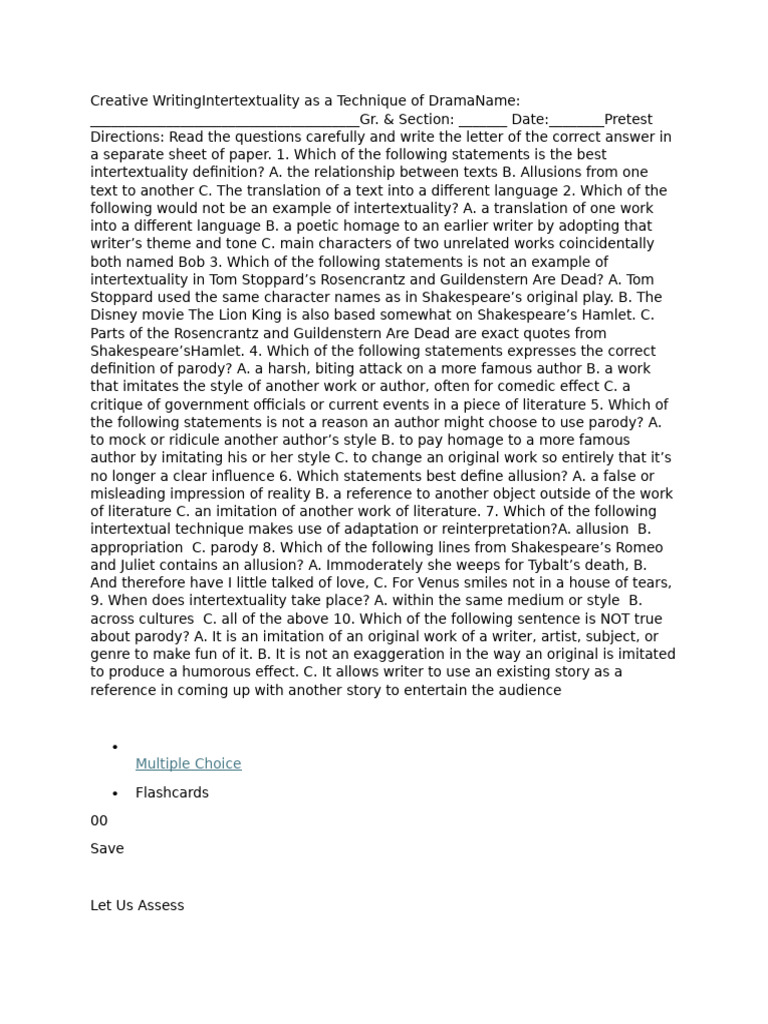 Creative WritingIntertextuality As A Technique of DramaName | PDF ...